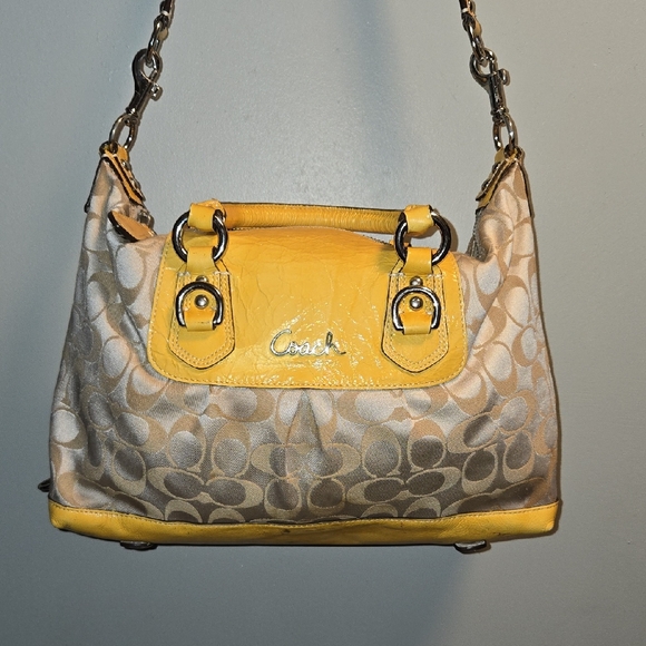 Coach | Bags | Coach Signature Shoulder Bag Cream And Yellow | Poshmark